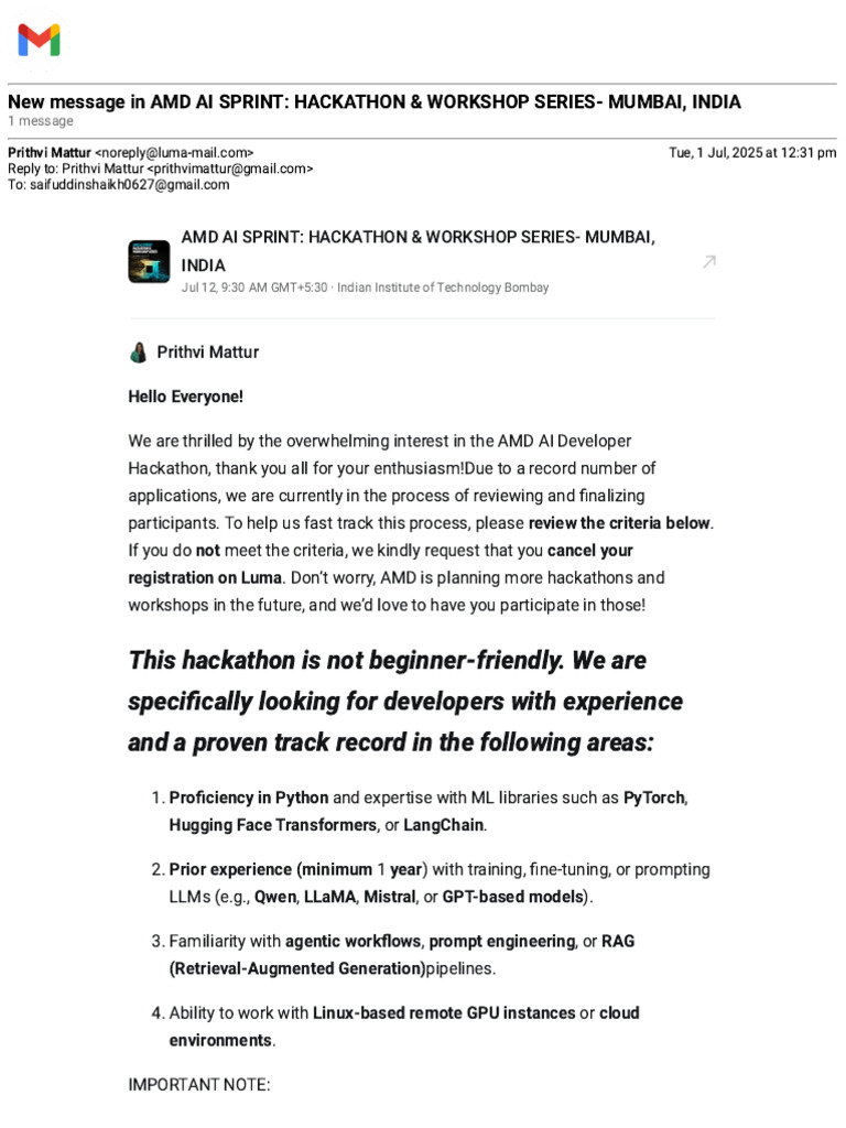 Gmail - New Message in Amd Ai Sprint - Hackathon & Workshop Series - Mumbai, India | PDF ...