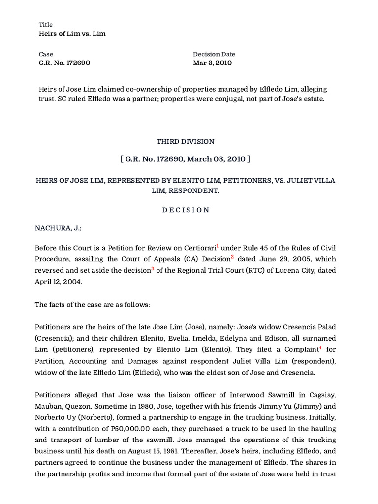 Heirs of Lim vs. Lim: Property Dispute Case | PDF | Burden Of Proof ...