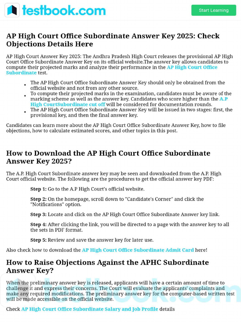 AP High Court Office Subordinate Answer Key 2025_ Check Objections ...