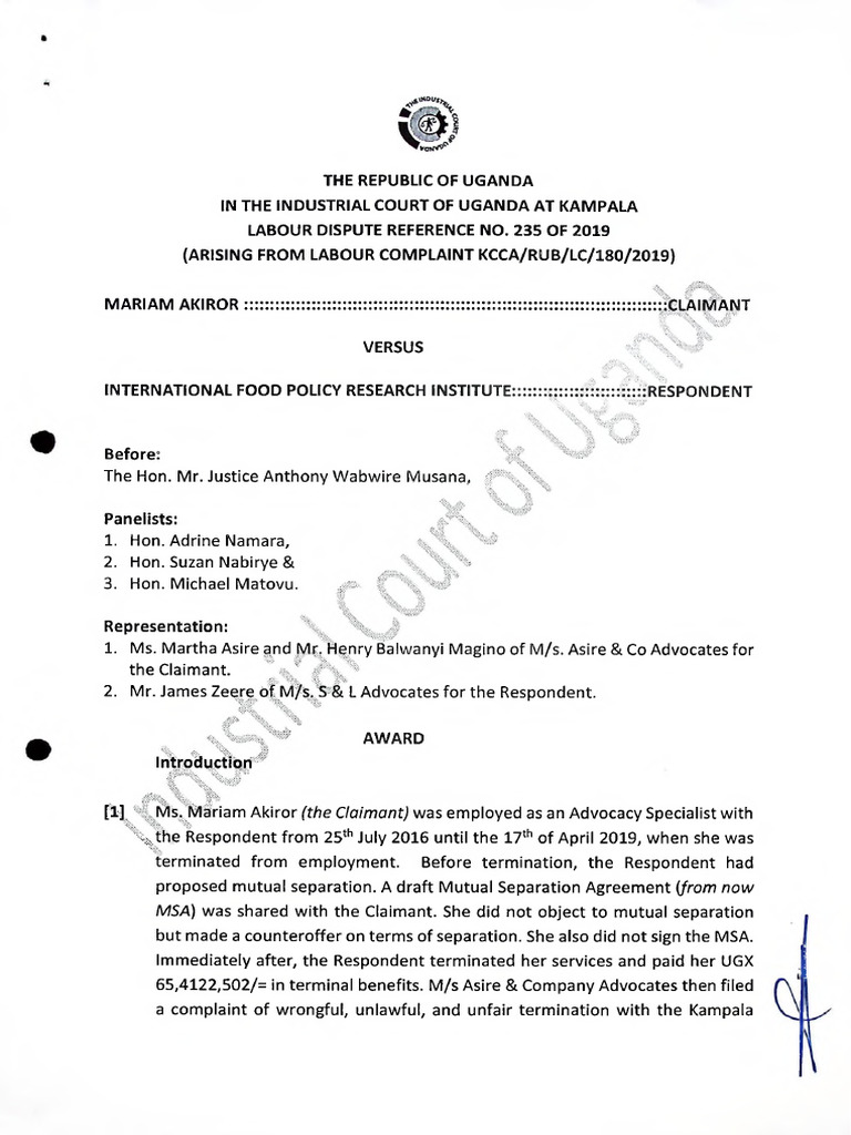 Uganda Labour Court Case: Akiror vs IFPRI | PDF | Business