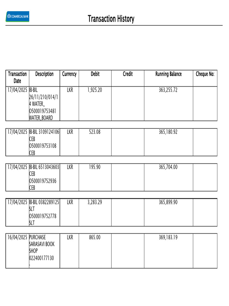 transaction_history_0008809109_20250417 | PDF | Cash | Payments