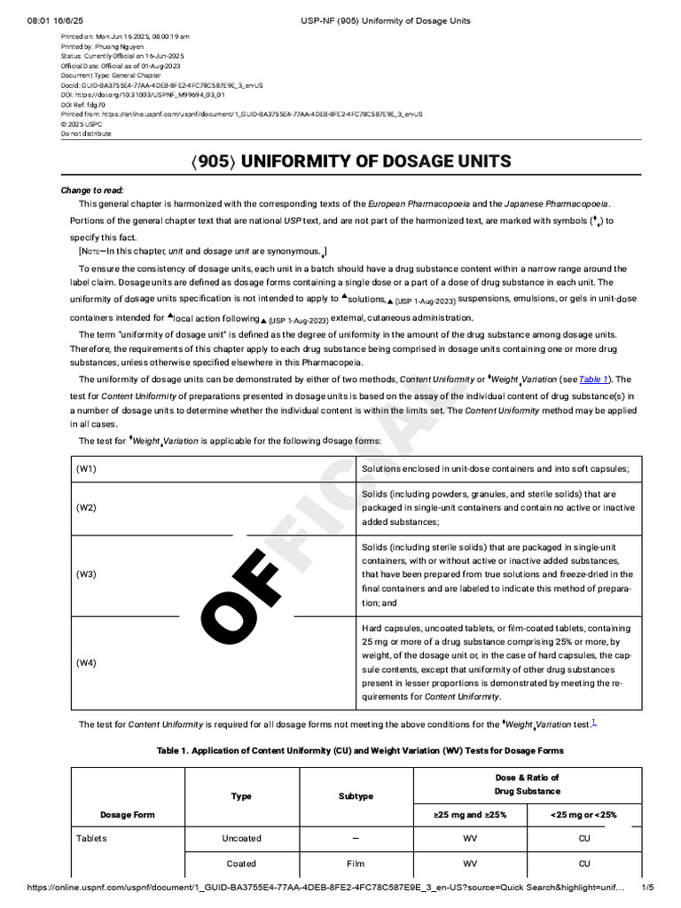 USP NF+ 905 +Uniformity+of+Dosage+Units | PDF | Tablet (Pharmacy ...