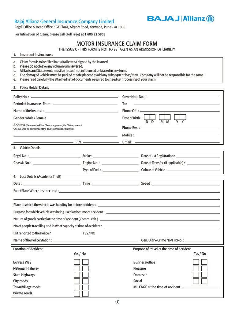 Bajaj Allianz Motor Insurance Claim Form | PDF | Insurance