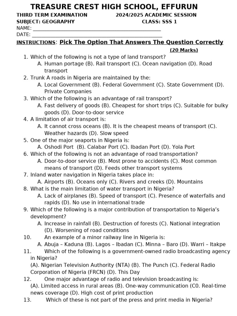 SS1 Geography Exam Questions 2024 | PDF | Valley | Erosion