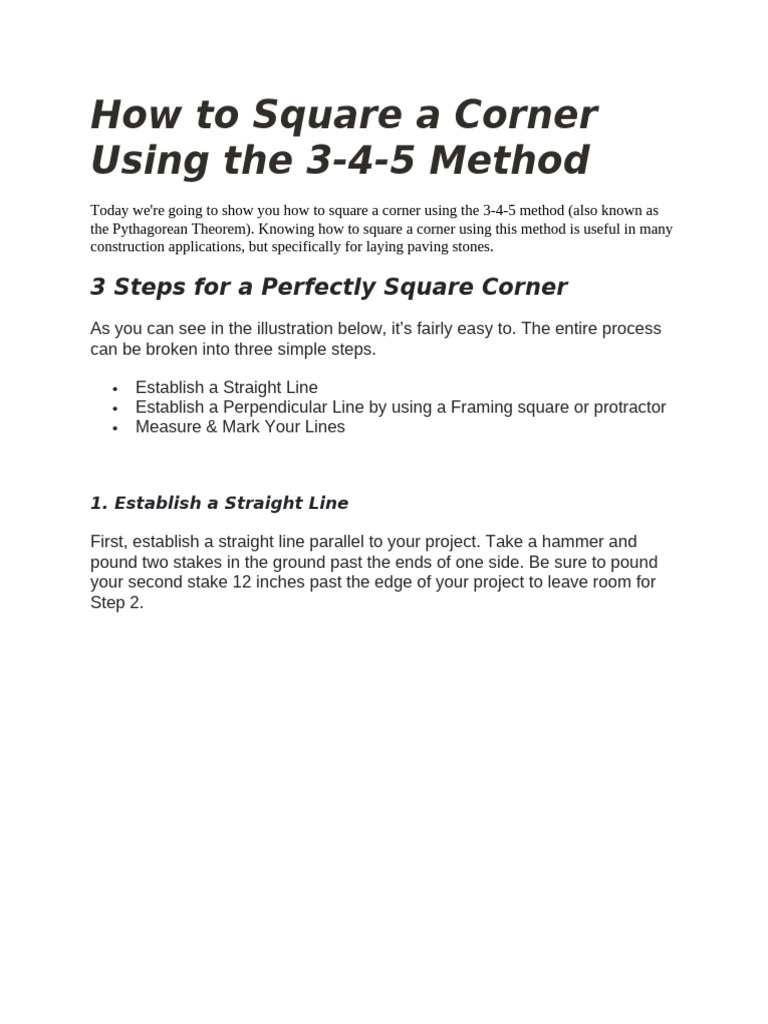 Squaring Corners with the 3-4-5 Method | PDF | Perpendicular | Angle