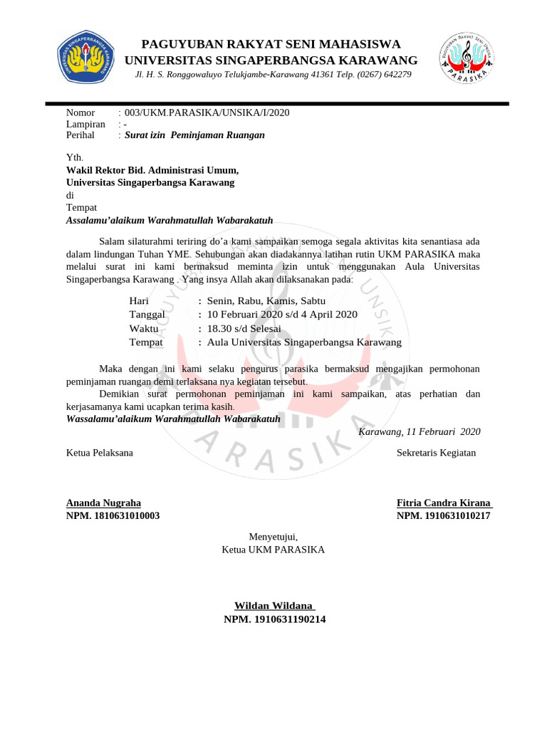 Surat Peminjaman Aula Latihan Rutin 003 | PDF