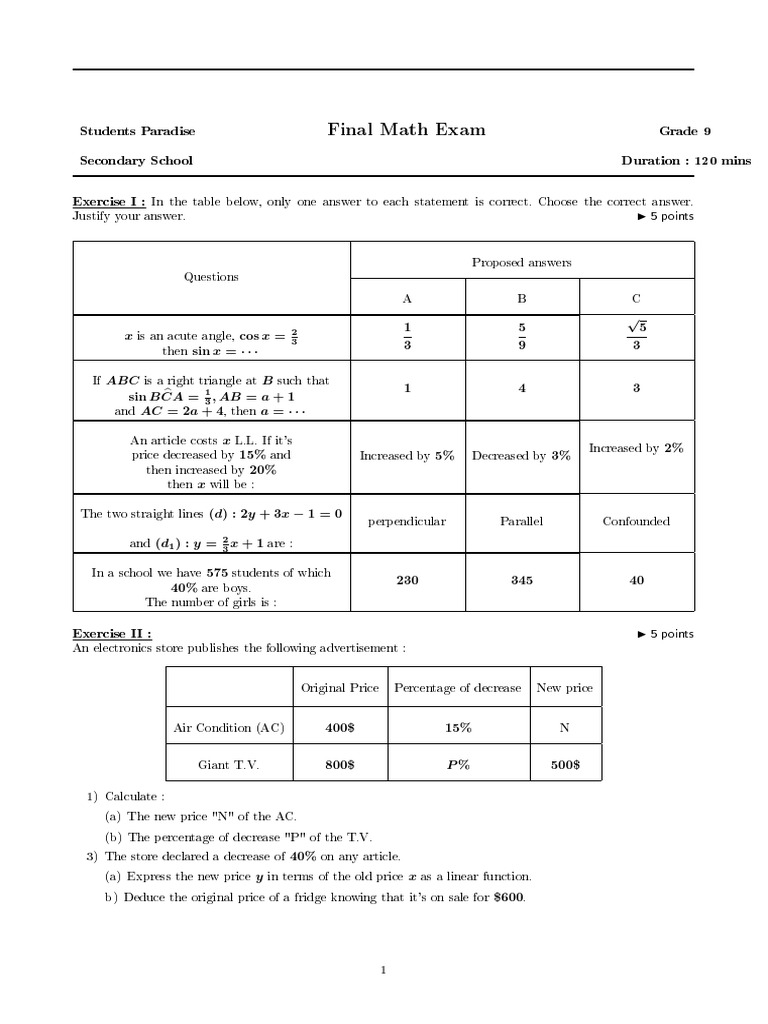 Final Math Exam: Cos Sin 1 3 5 9 5 3 | PDF | Triangle | Euclidean Geometry