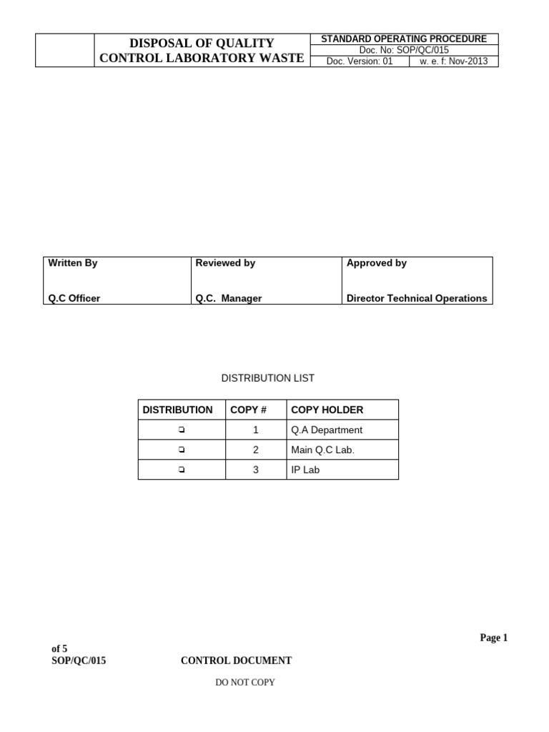 Quality Control Waste Disposal SOP | PDF | Laboratories | Waste