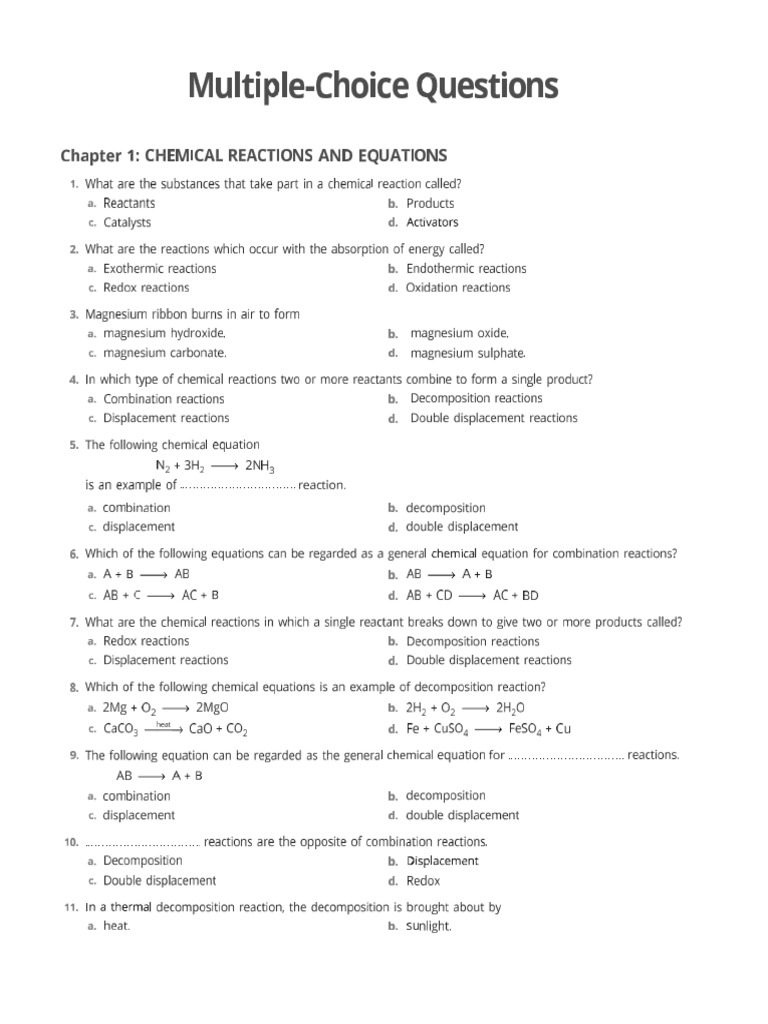 Worksheet-4 - Chemical Reactions and Equations-MCQ With Answers | PDF