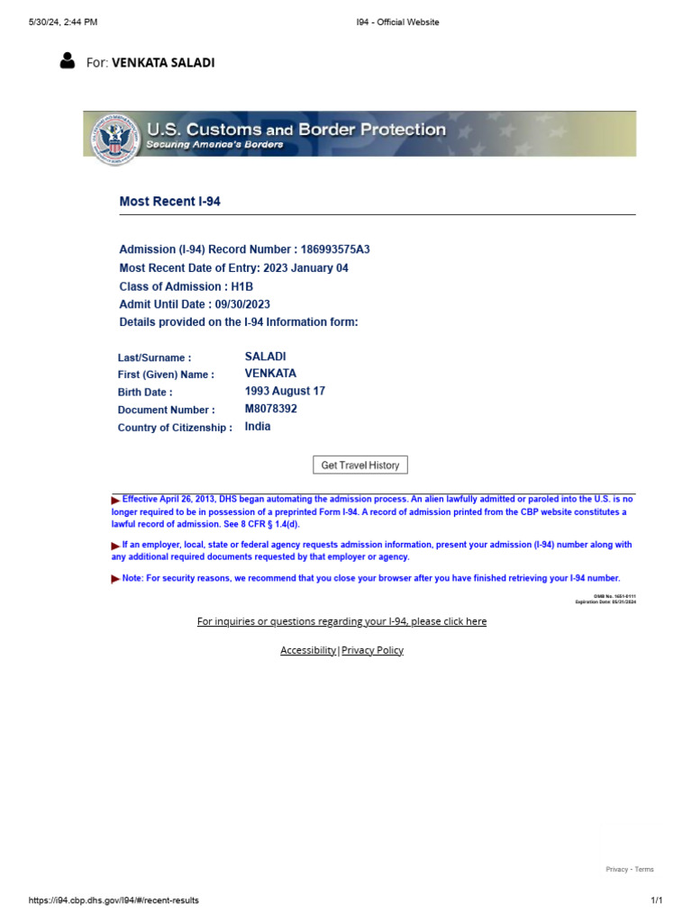 I-94 Admission Record for Venkata Saladi | PDF
