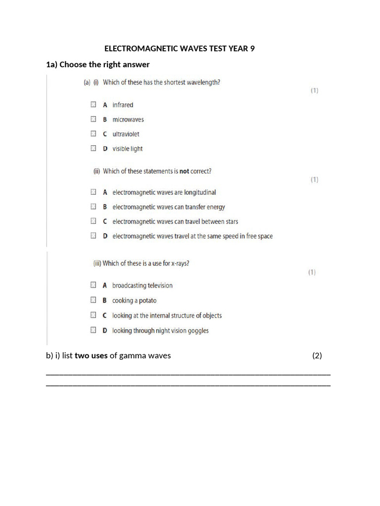 Electromagnetic Waves Test Year 9 | PDF | Electromagnetic Radiation | Waves