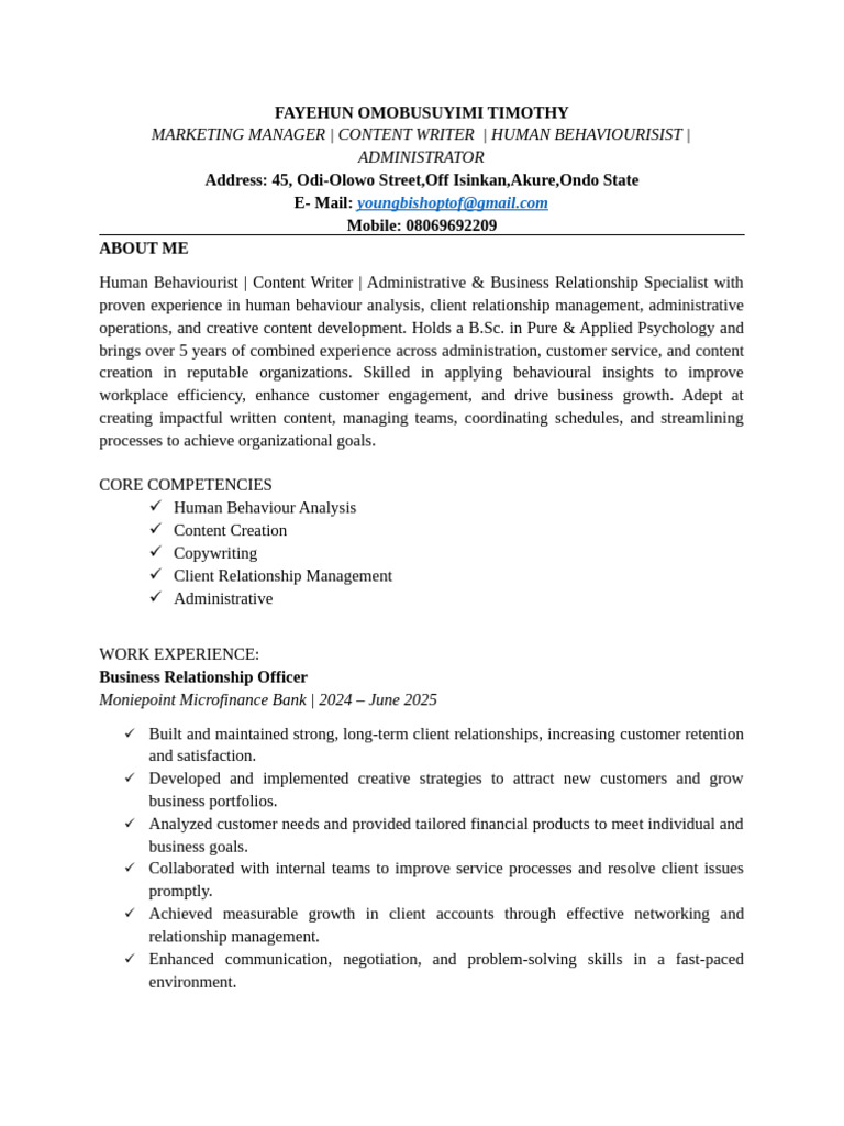 Fayehun Omobusuyimi Timothy Resume | PDF | Employee Retention | Human ...