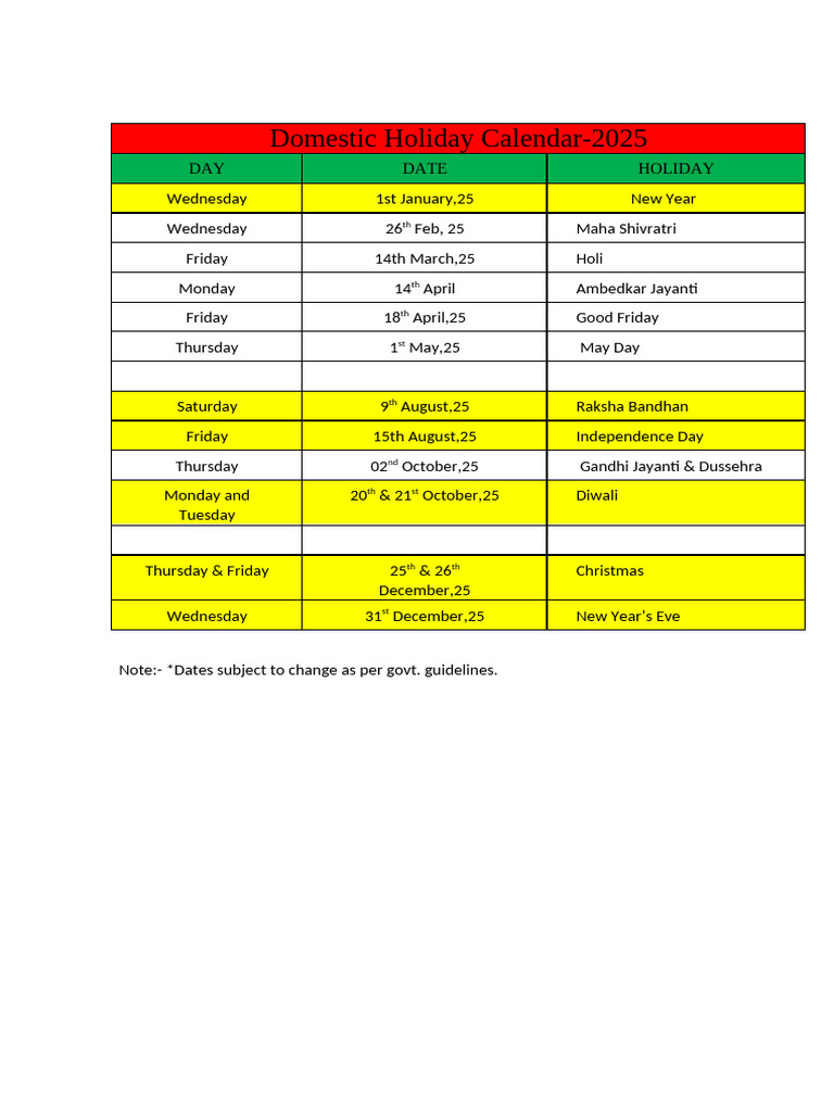 2025 Domestic Holiday Calendar | PDF