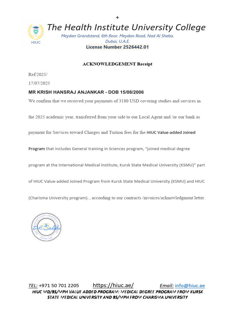 Acknowledgement Receipt Hiuc 2025 MR Krish Hansraj Anjankar - Dob 15-08-2006 | PDF