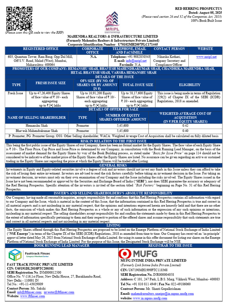 Mahendra Realtors IPO Red Herring Prospectus | PDF | Investing | Equity ...
