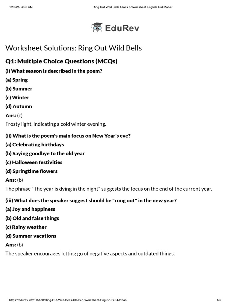 Ring Out Wild Bells Worksheet Answers | PDF
