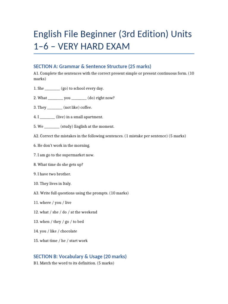 English File Beginner Very Hard Exam | PDF | Chess | Chess Theory