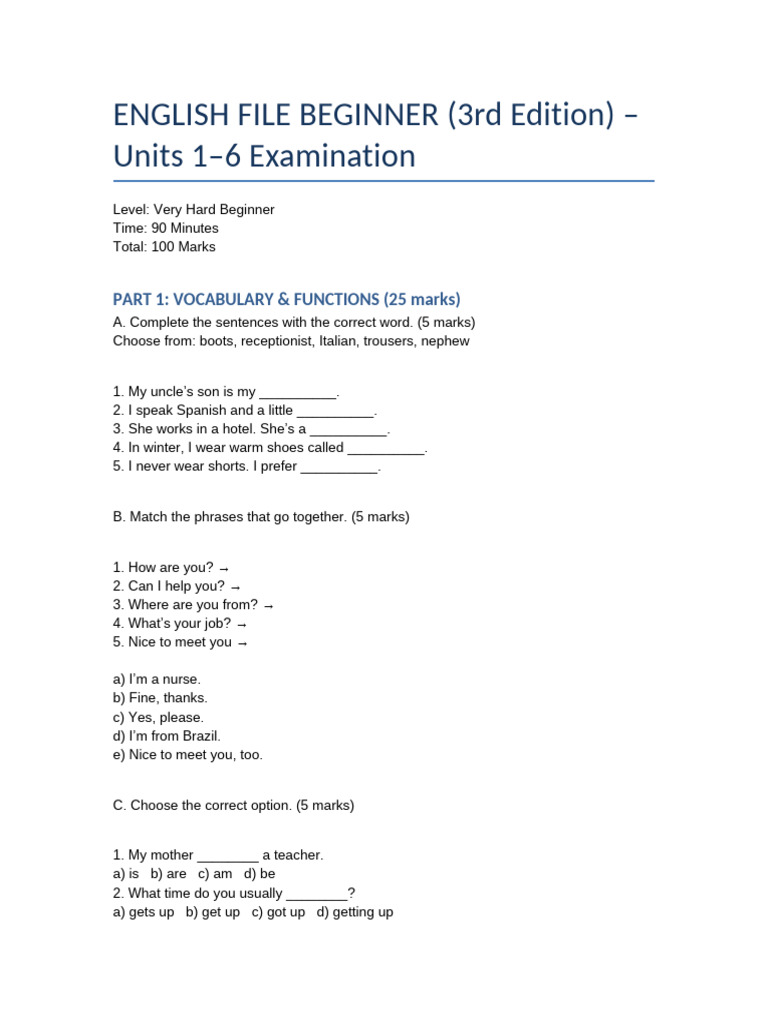 English File Beginner Unit 1-6 Test | PDF | Linguistics