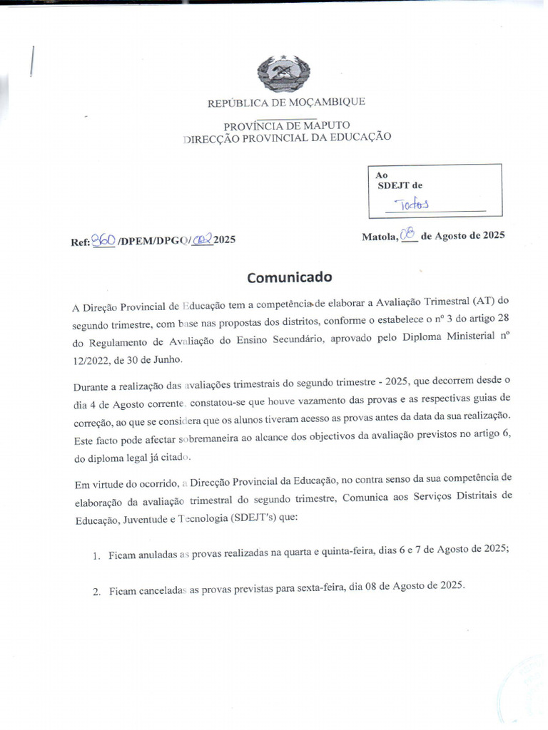 Comunicado Cancelamento Das Provas 2ºt 2025 | PDF
