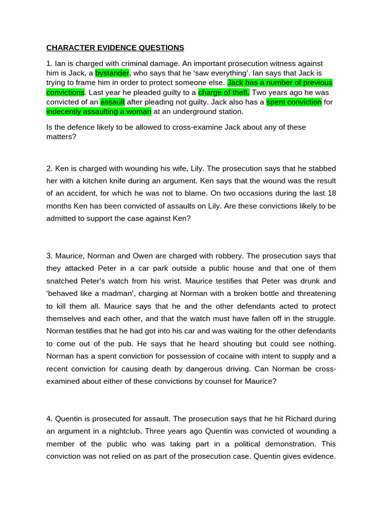 Character Evidence Questions Uol | PDF | Crimes | Crime & Violence
