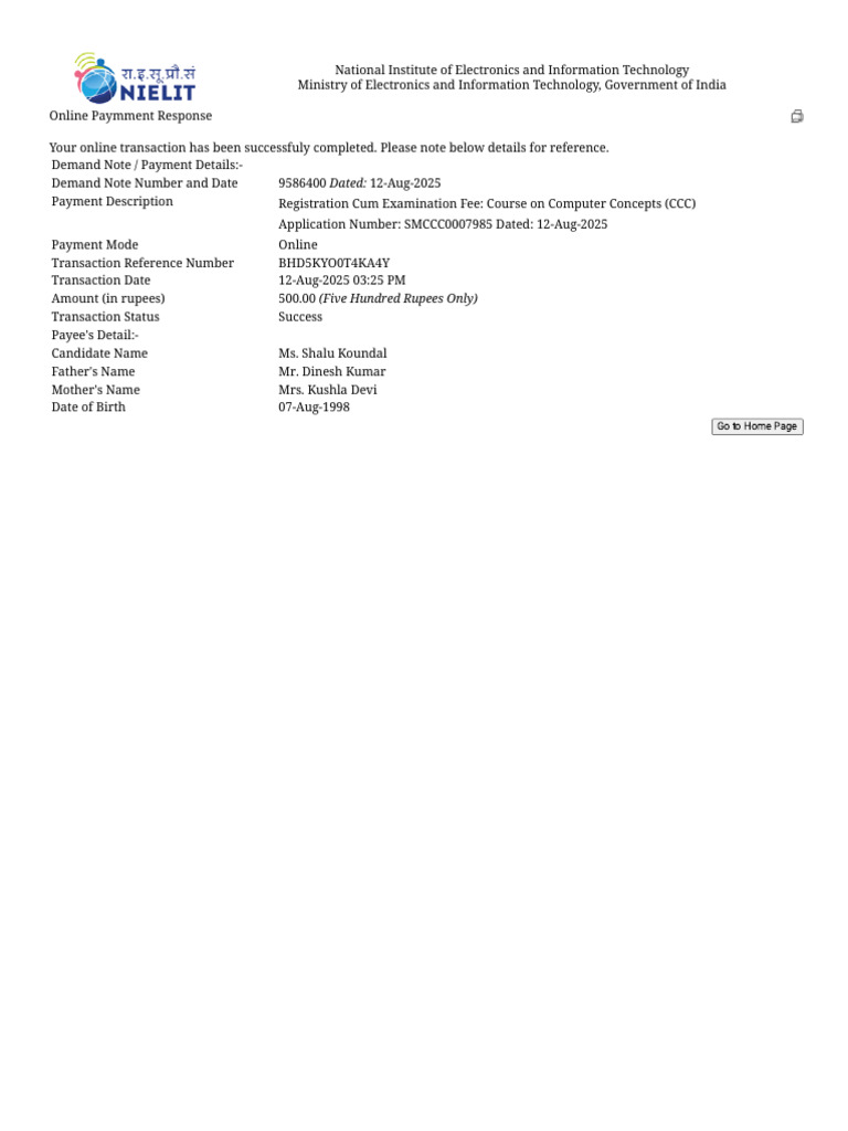 Student.nielit.gov.in OnlinePaymentResponse.aspx | PDF