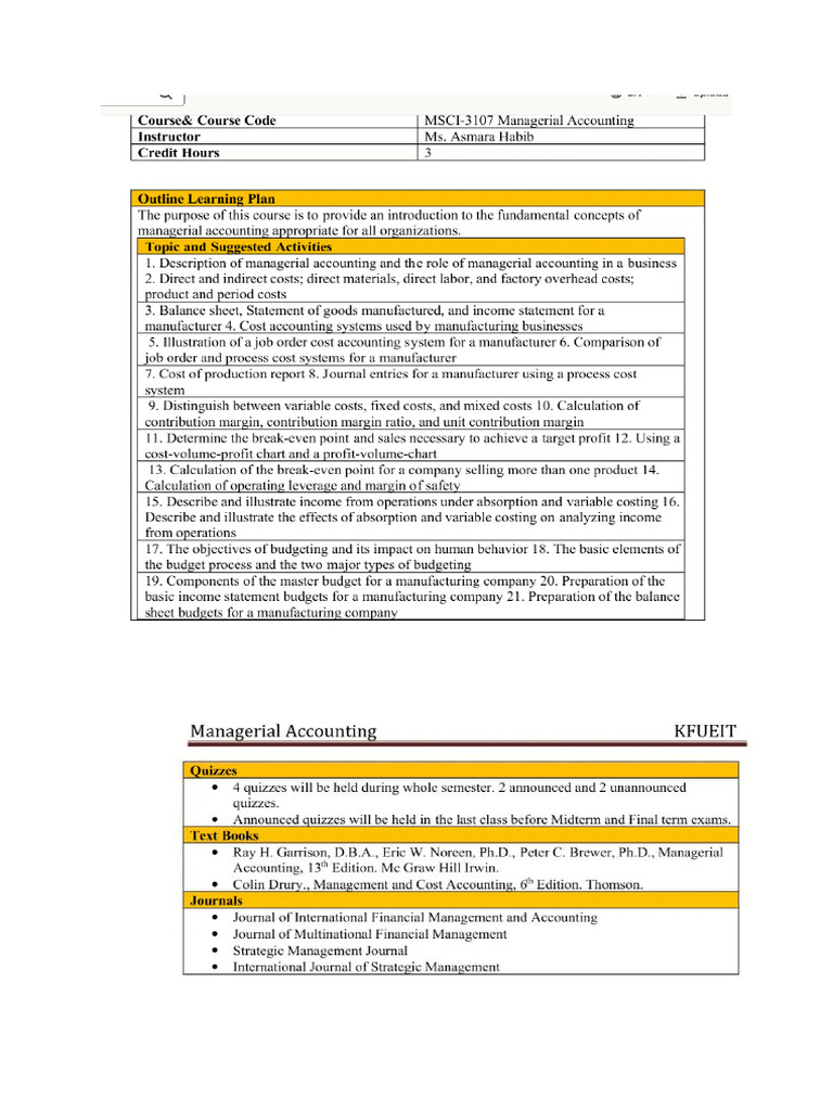 Managerial Accounting Course Outline | PDF