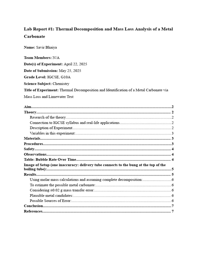 Lab Report #1 Re-Do - Thermal Decomposition of An Unknown Metal's ...