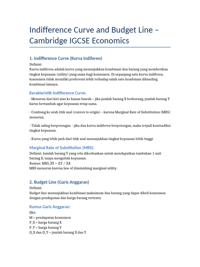 Indifference Curve and Budget Line IGCSE | PDF