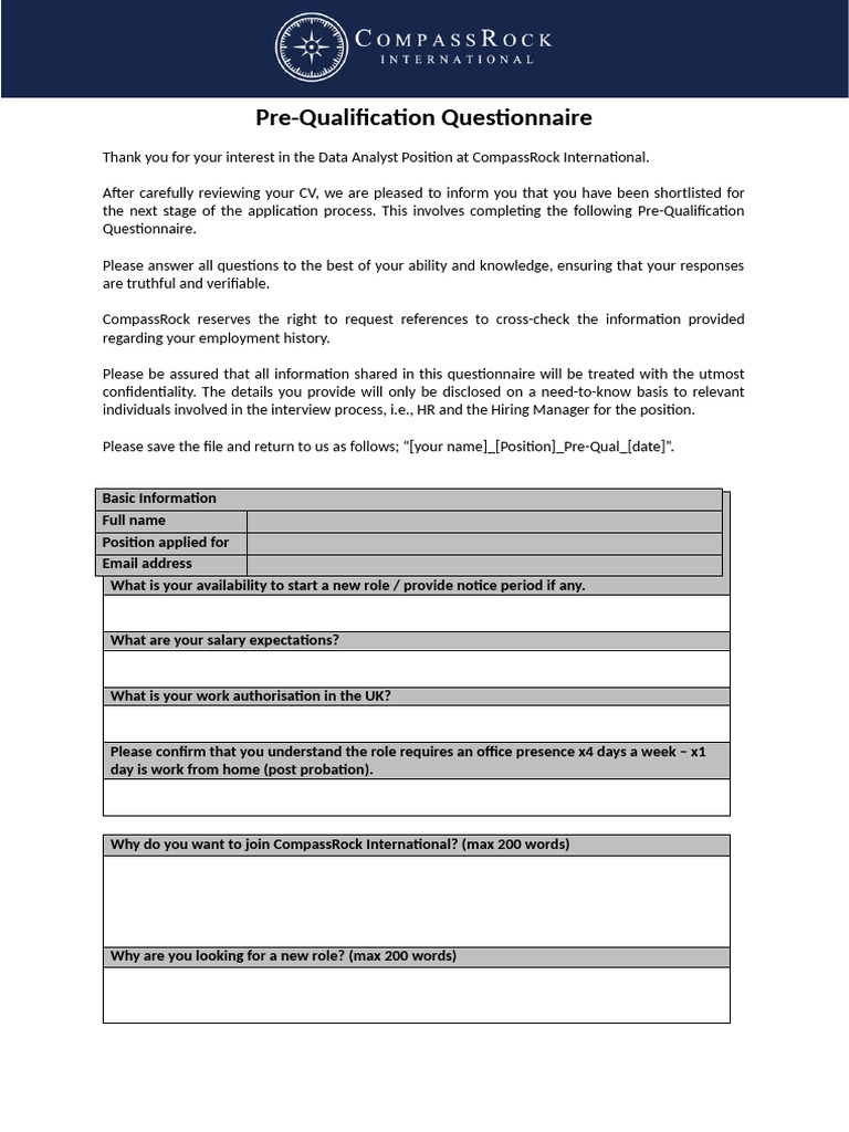 Pre-Qualification Questionnaire - Data Analyst at CompassRock | PDF
