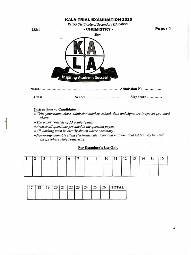 Chem p1 QP Kala 2025 | PDF