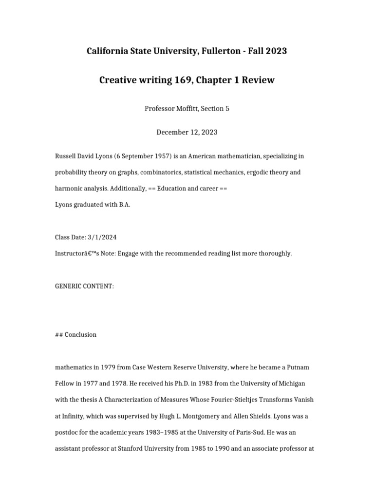 Creative Writing 169 Chapter 1 Review | PDF | Mathematics | Probability ...