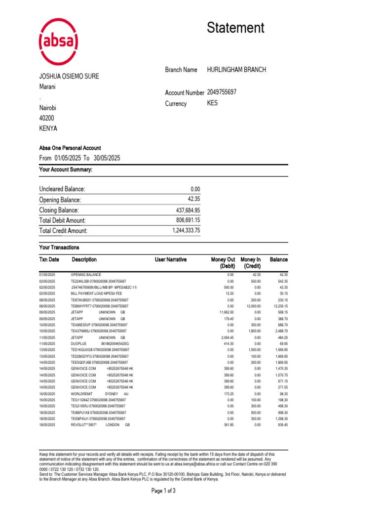 Absa Account Statement Summary | PDF | Banks | Debits And Credits