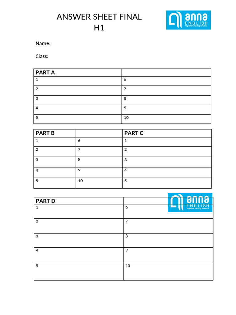 Answer Sheet Final h1 | PDF