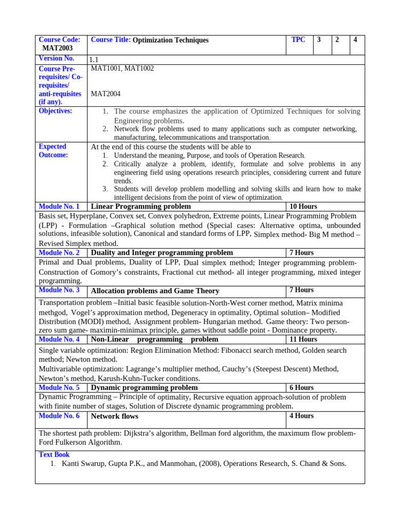 Mat2003 Optimization-Techniques Eth 1.1 16 Mat2003 - Optimization Techniques | PDF | Linear ...