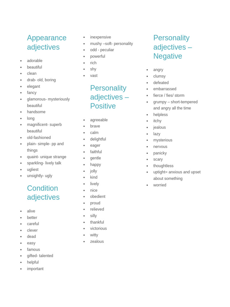 List of Appearance Adjectives | PDF