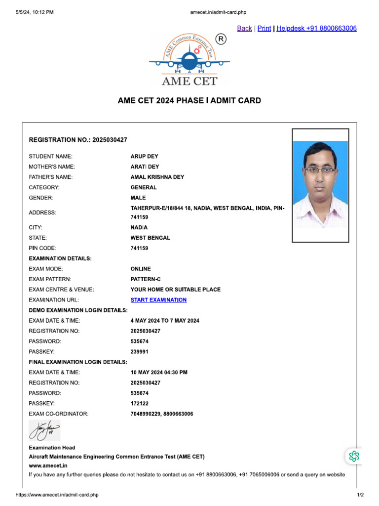Ame Admit Card | PDF
