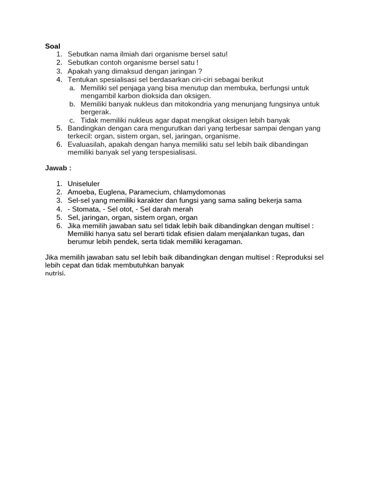 Spesialisasi Sel dan Organisme Uniseluler | PDF