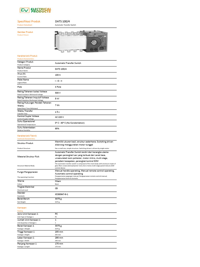 Automatic Transfer Switch 4p Dats 100a | PDF | Electrical Equipment ...