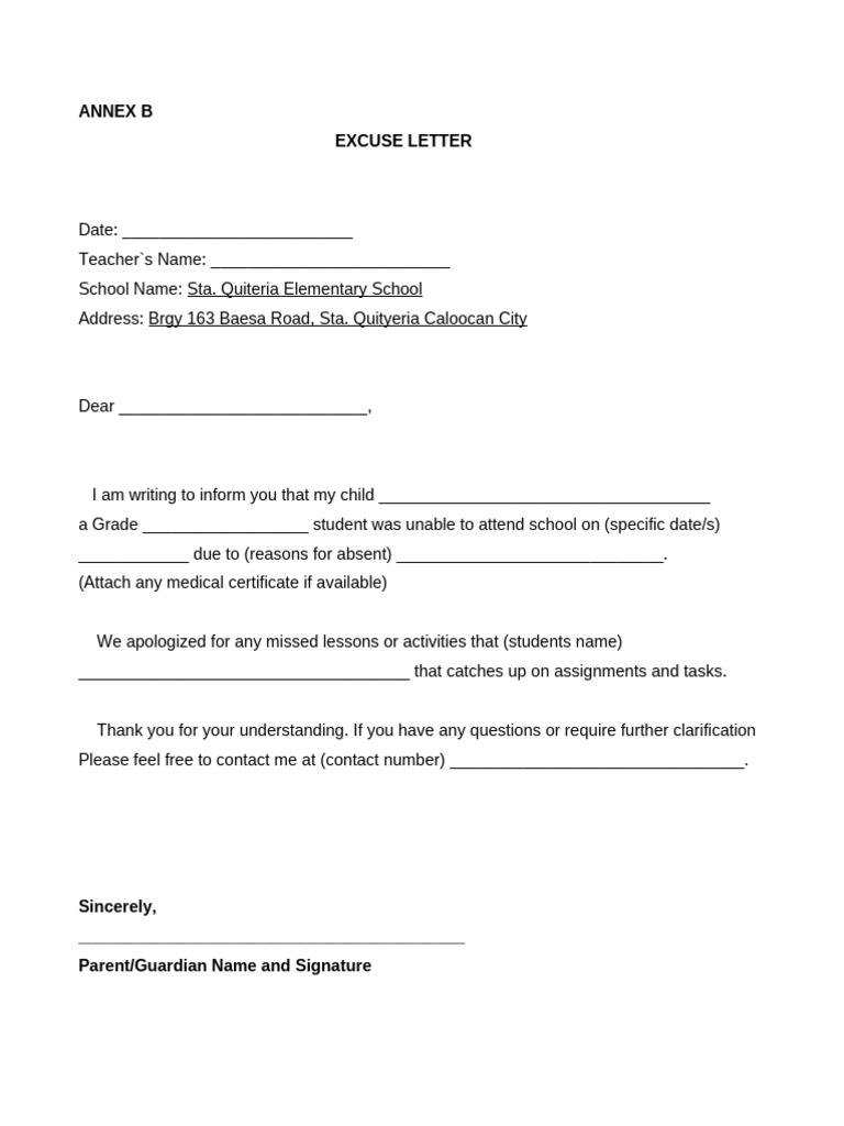 Student Absence Excuse Letter Template | PDF