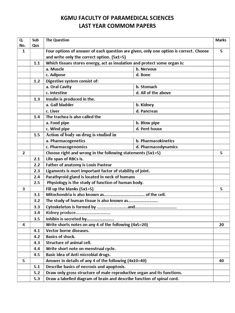 Last Year Question Papers | PDF | Red Blood Cell | Anatomy