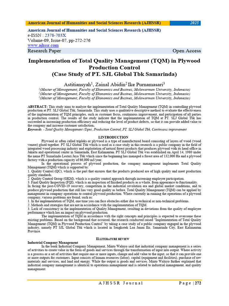 Implementation of Total Quality Management (TQM) in Plywood Production Control (Case Study of PT ...