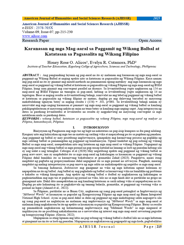 Karanasan ng mga Mag-aaral sa Paggamit ng Wikang Balbal at Katatasan sa Pagsasalita ng Wikang ...