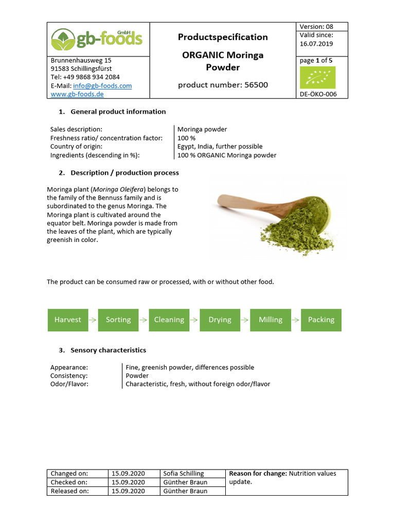 Moringa Powder Technical Data Sheet | PDF