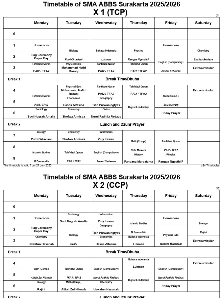 SMA ABBS Surakarta Timetable 2025/26 | PDF