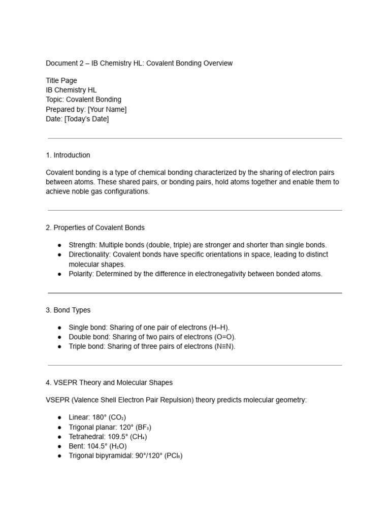 Document 2 – IB Chemistry HL_ Covalent Bonding Overview | PDF