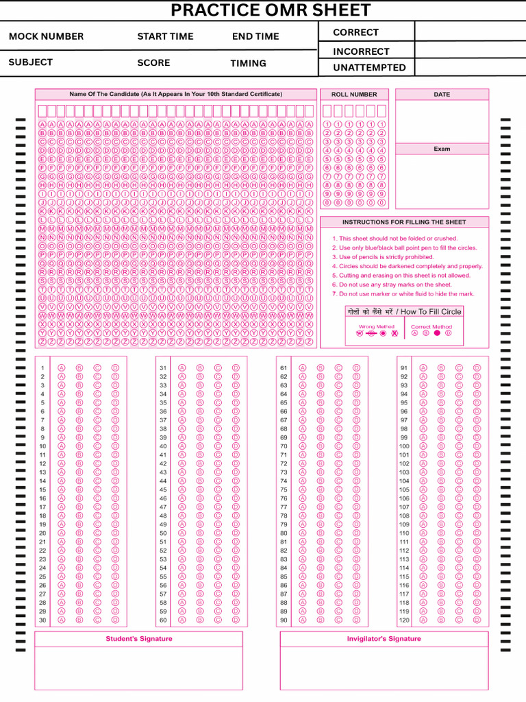Practice Sheet Omr For Tests | PDF