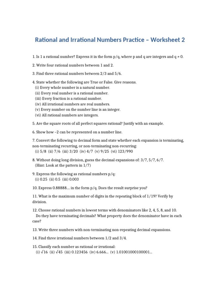 Rational Numbers Practice Worksheet | PDF | Numbers | Rational Number