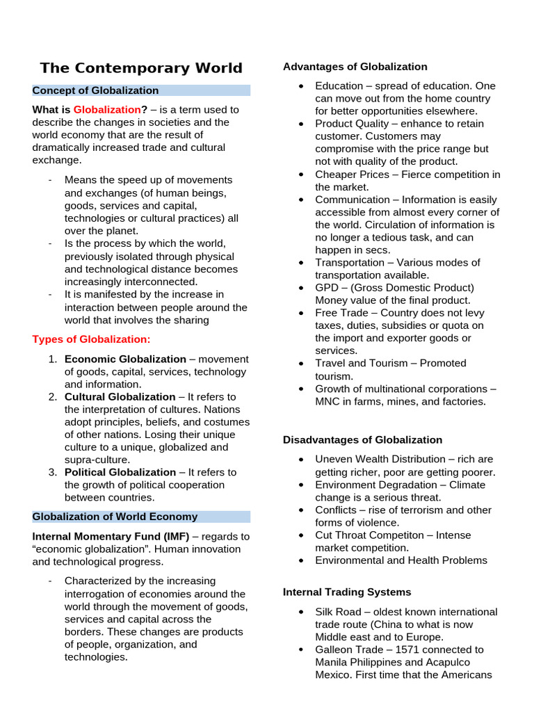 The Contemporary World Reviewer | PDF | Globalization | United Nations
