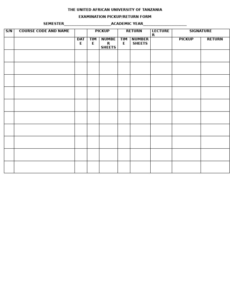 Pick Up and Return Form | PDF
