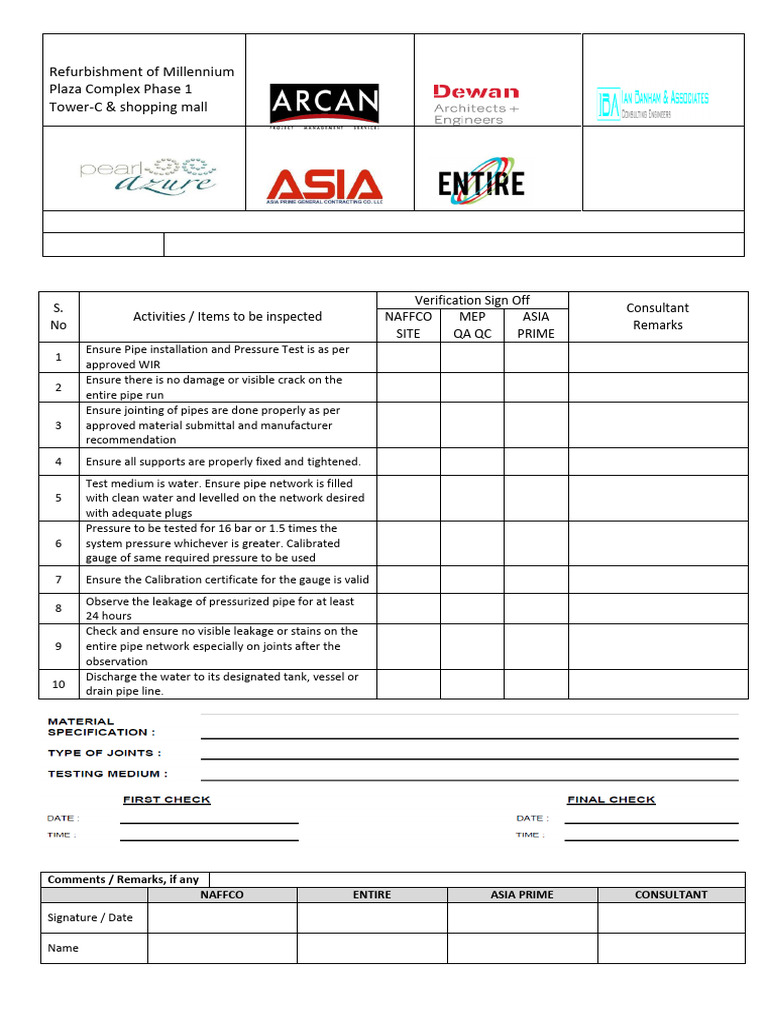 Pressure Test Sheet | PDF | Pipe (Fluid Conveyance) | Mechanical ...